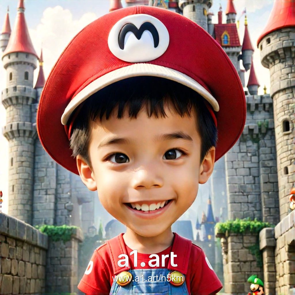 Young Boy in Mario Costume in Castle Background - a1.art