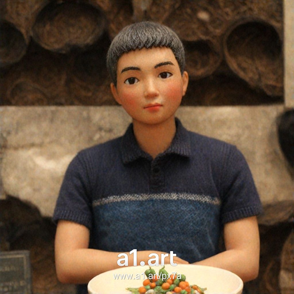 Miniature Boy with Dish in Front of Stone Wall - a1.art