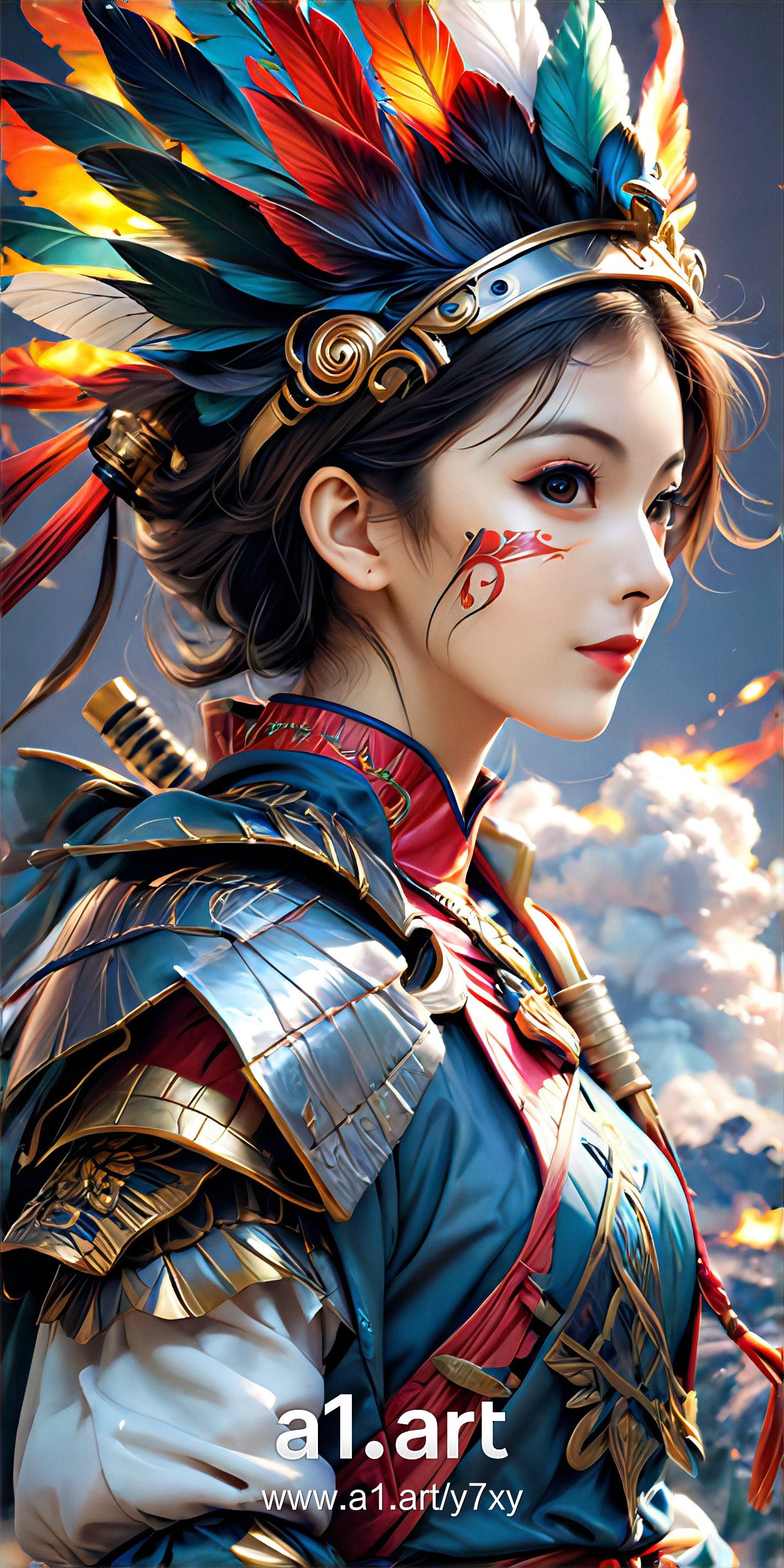 Fantasy Warrior Princess with Colorful Feathers - a1.art