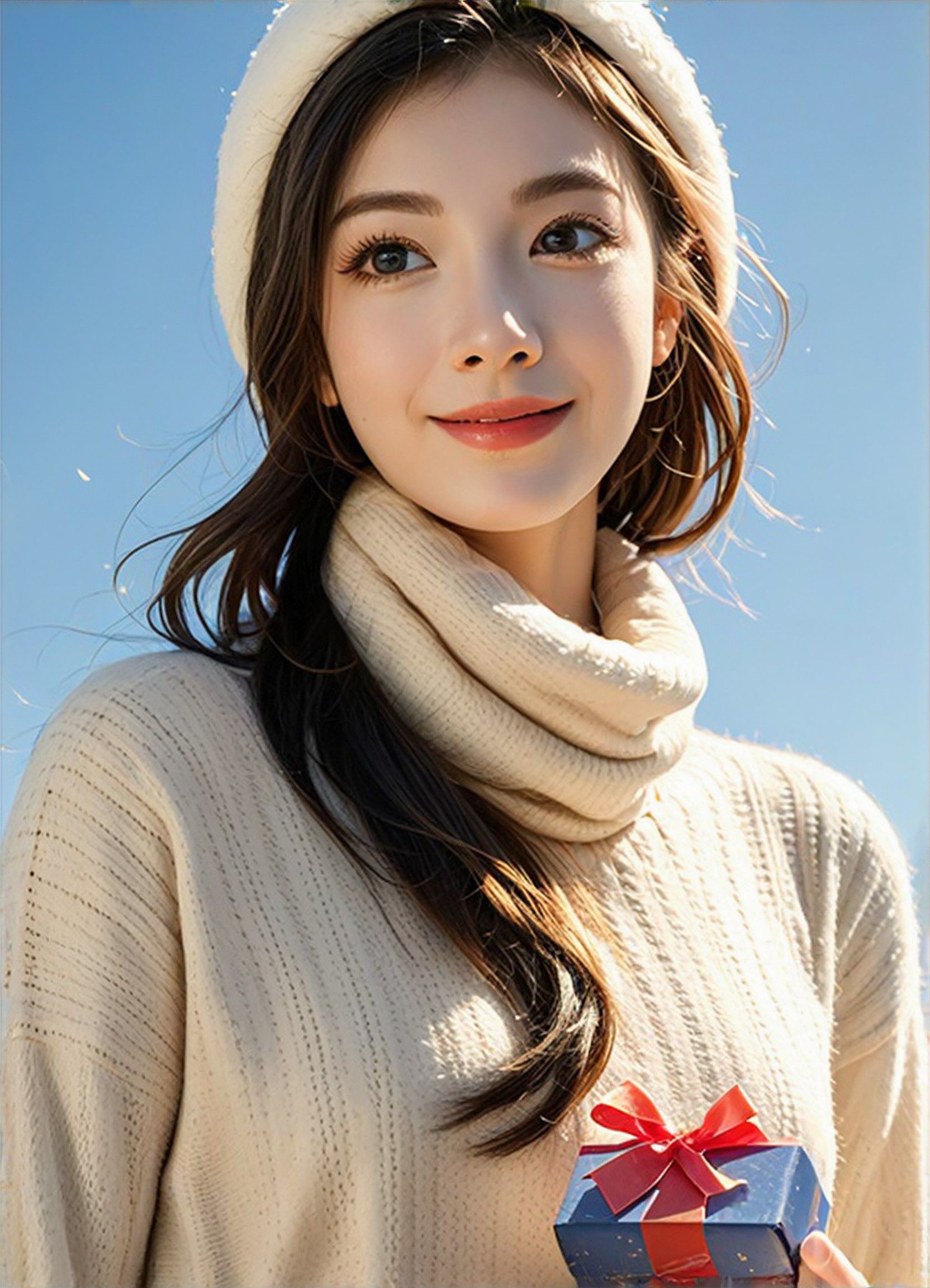 A beautiful girl in beige sweater holds a small gift | a1.art