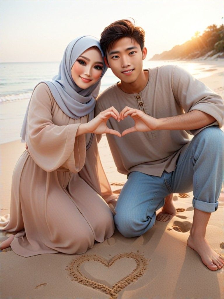 A1.Art Muslim Couple Sunset Beach Love Generator | a1.art